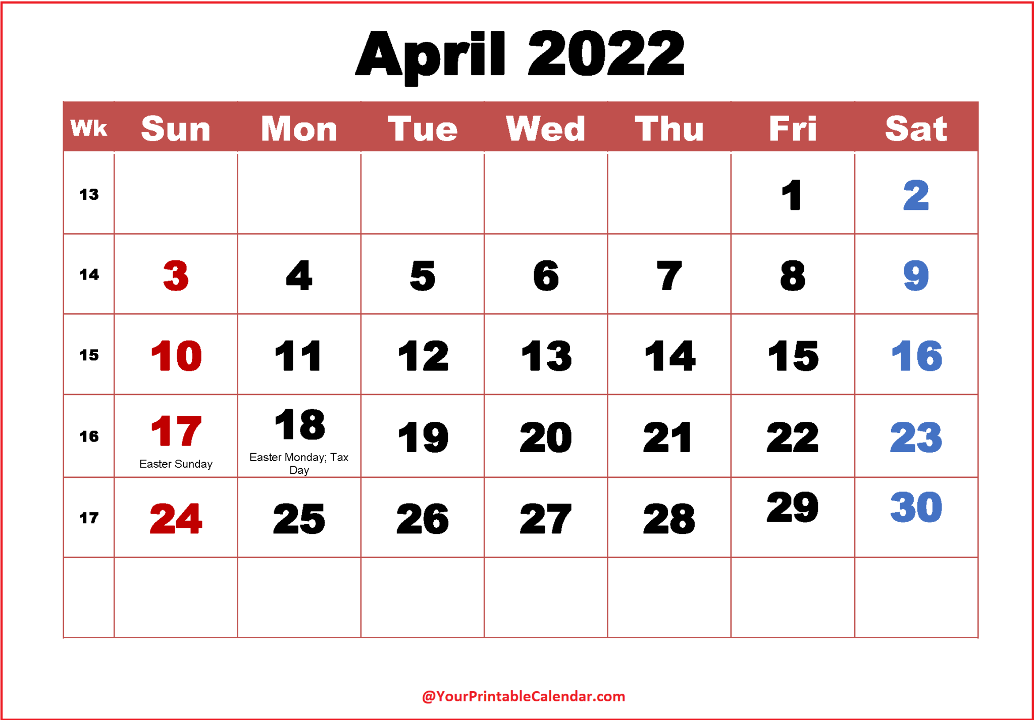 Free Blank Printable April 2022 Calendar With Holidays [PDF]