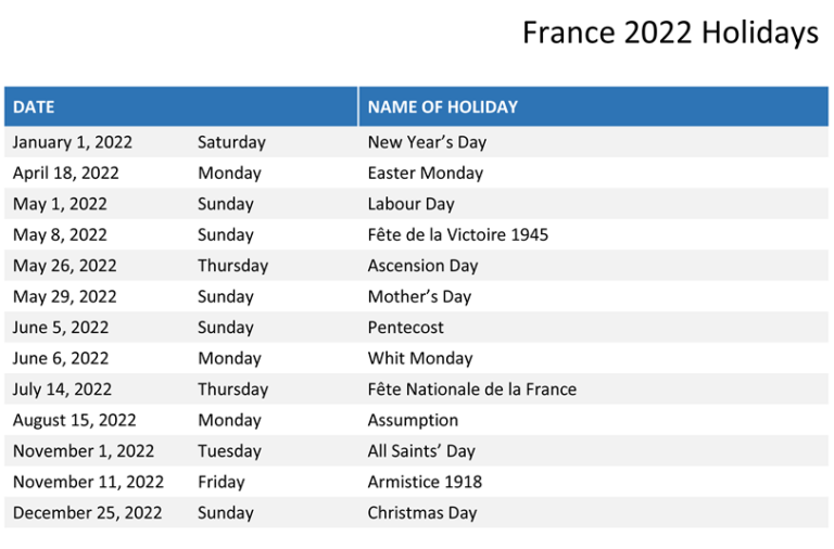 France 2022 Public Holiday Calendar | Your Printable Calendar