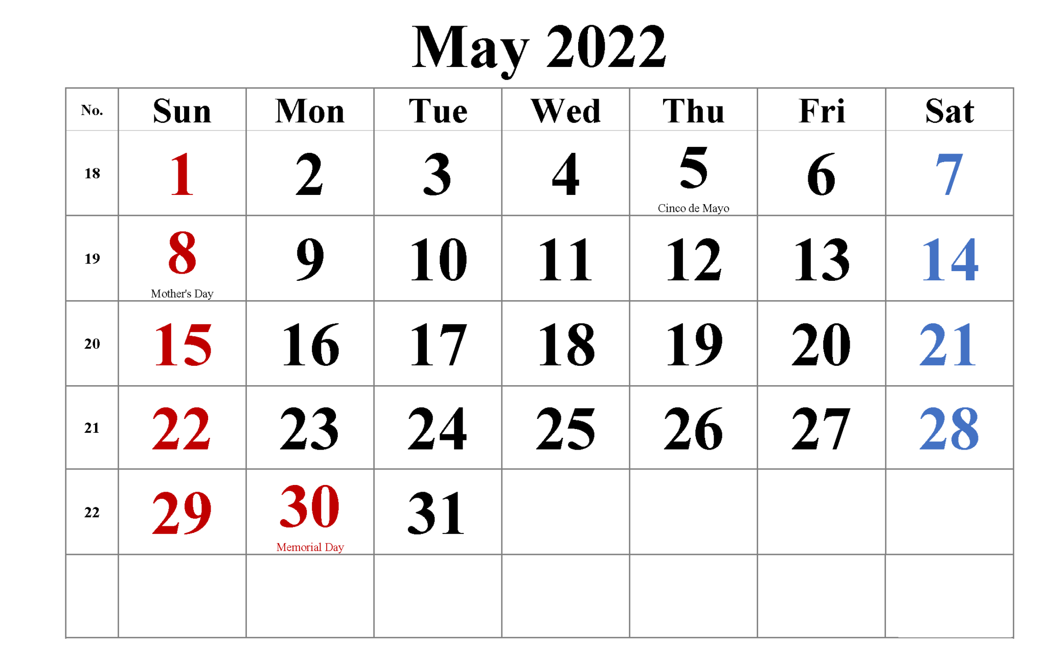 Free Printable May 2022 Calendar With Holidays [PDF]