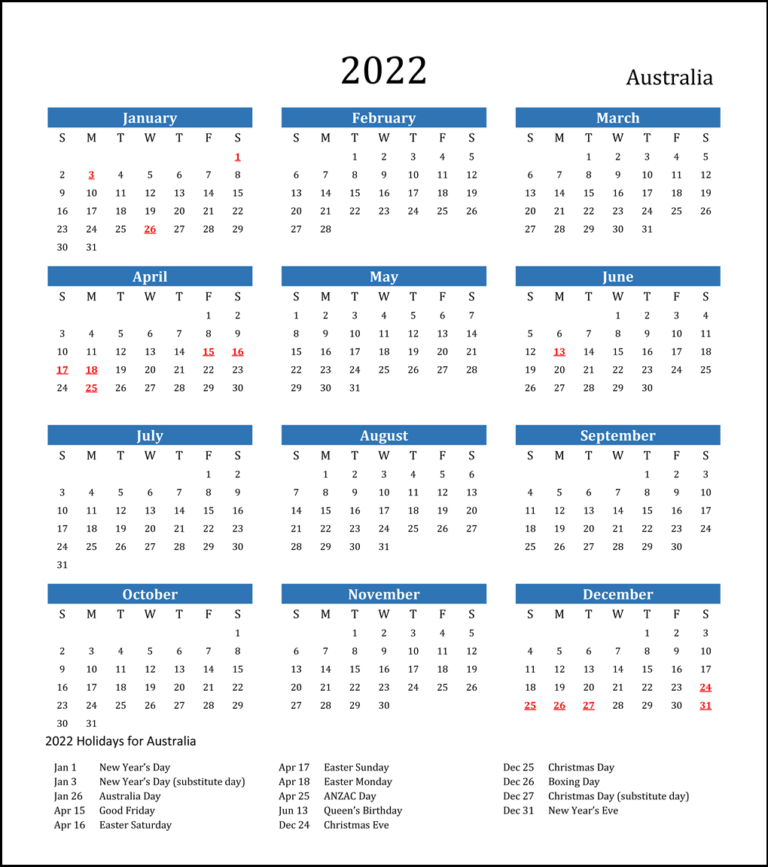 Free Australia 2022 Calendar Printable With Holidays [PDF]