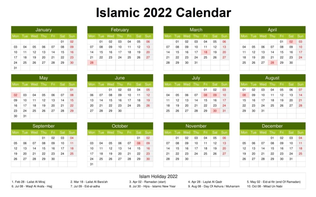 Muslim 2022 Calendar PDF | Your Printable Calendar