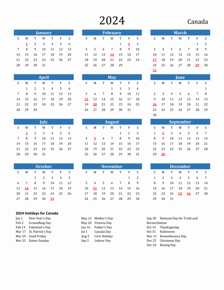 Free Canada 2024 Calendar Printable With Holidays [PDF]