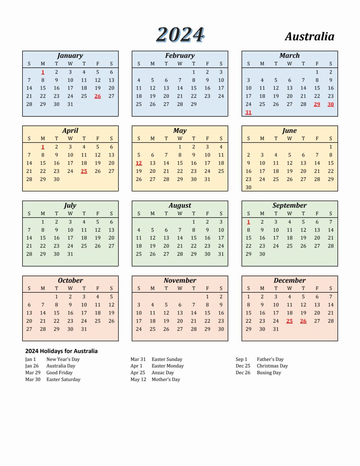 Free Australia 2024 Calendar Printable With Holidays [PDF]